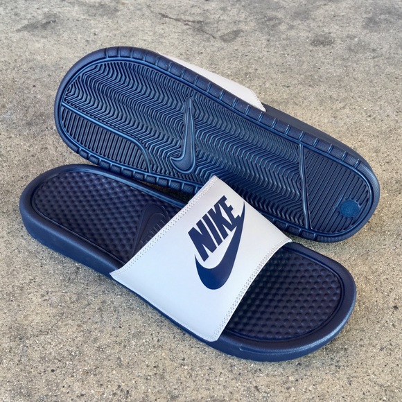Nike | Shoes | Nike Benassi Slides Just Do It Jdi Grey Dark Blue | Poshmark